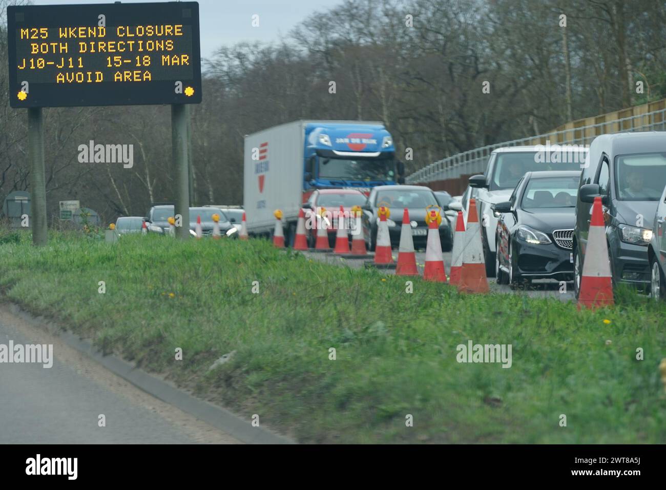 An information sign as traffic builds up in Cobham, Surrey, near to a ...