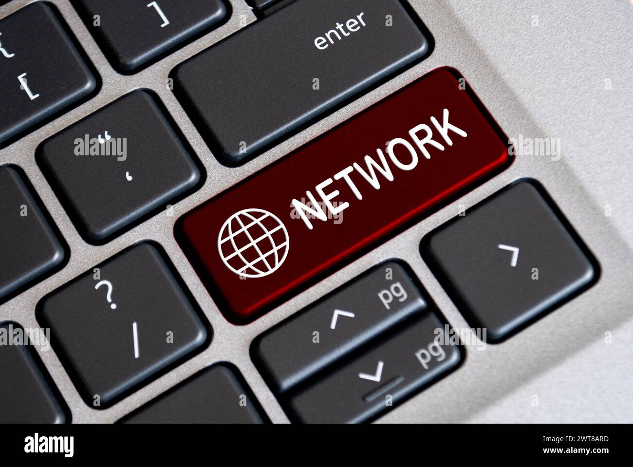 Network text on red laptop keyboard button. Networking concept Stock ...
