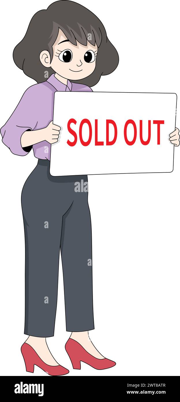 illustration of product has sold out, woman holding notice board ...