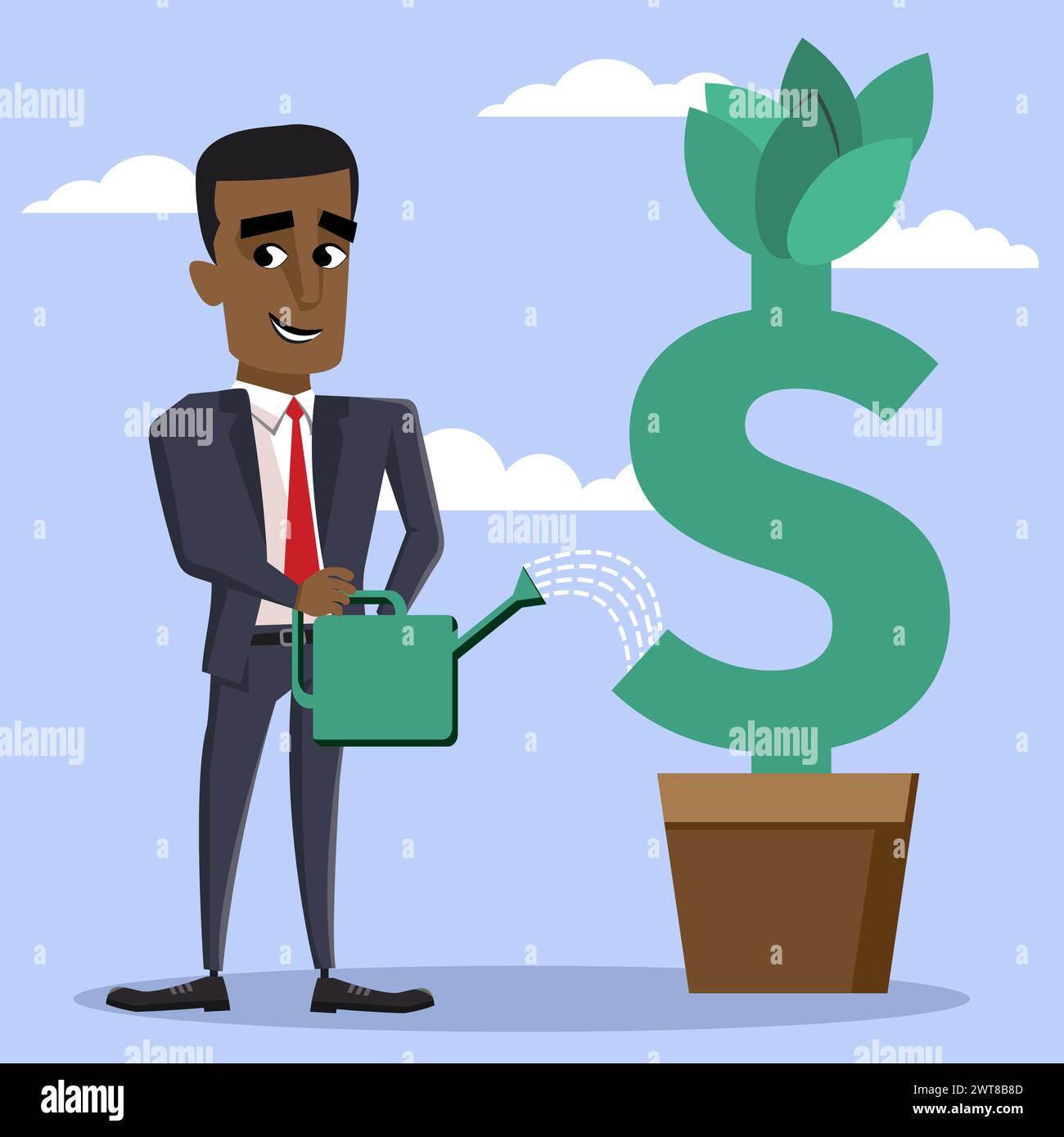 Financial Growth Concept, Businessman watering a Dollar sign so that it ...