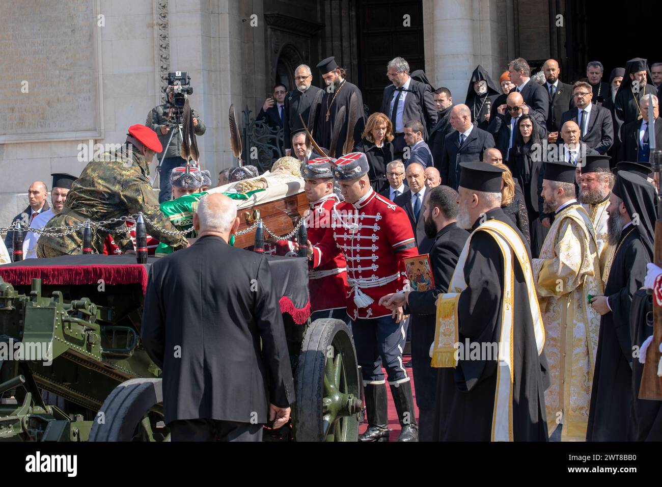 Sofia, Bulgaria, 16 March, 2024: Guards carry the coffin of the late ...