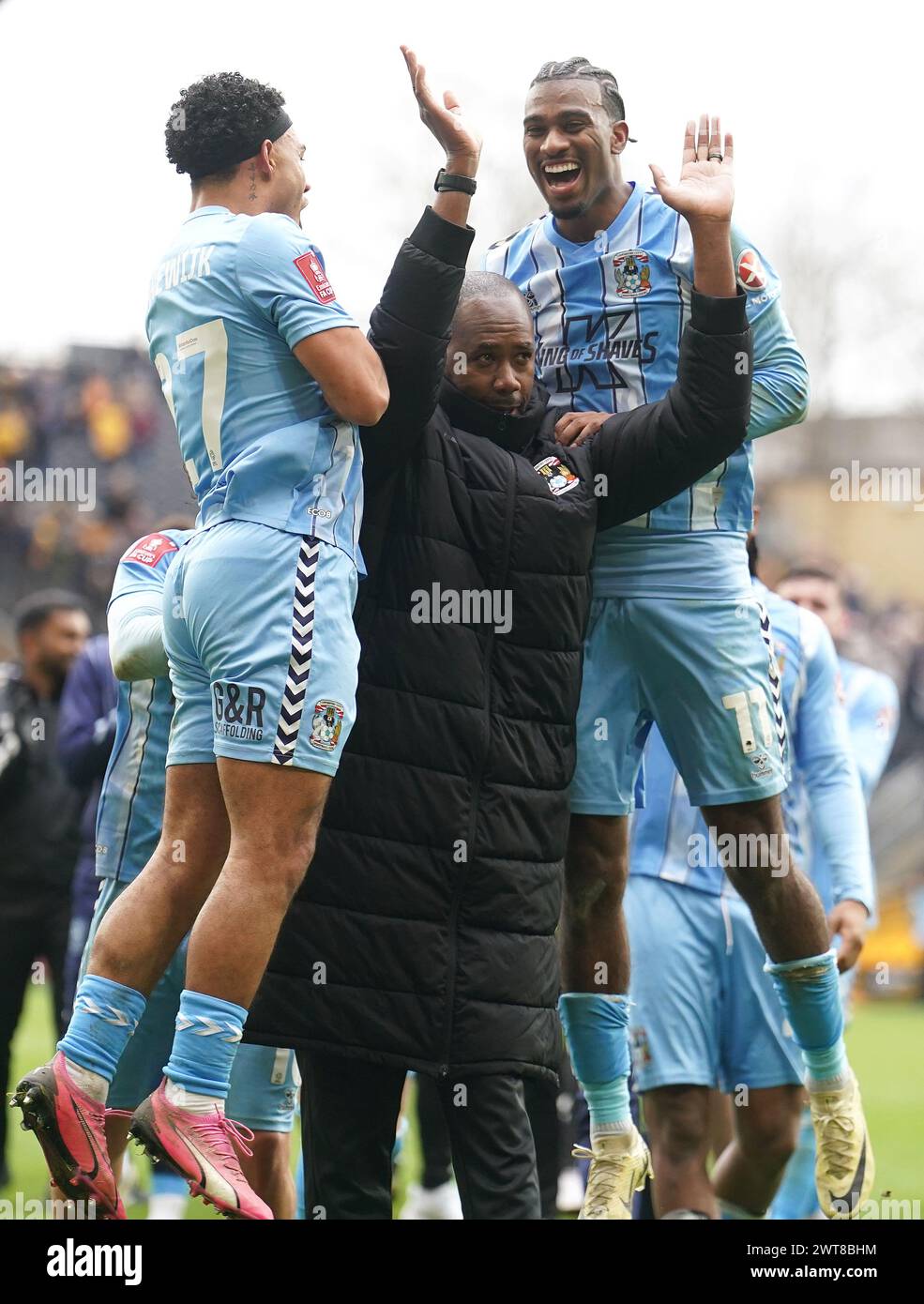Coventry City first-team coach Dennis Lawrence celebrates victory with ...