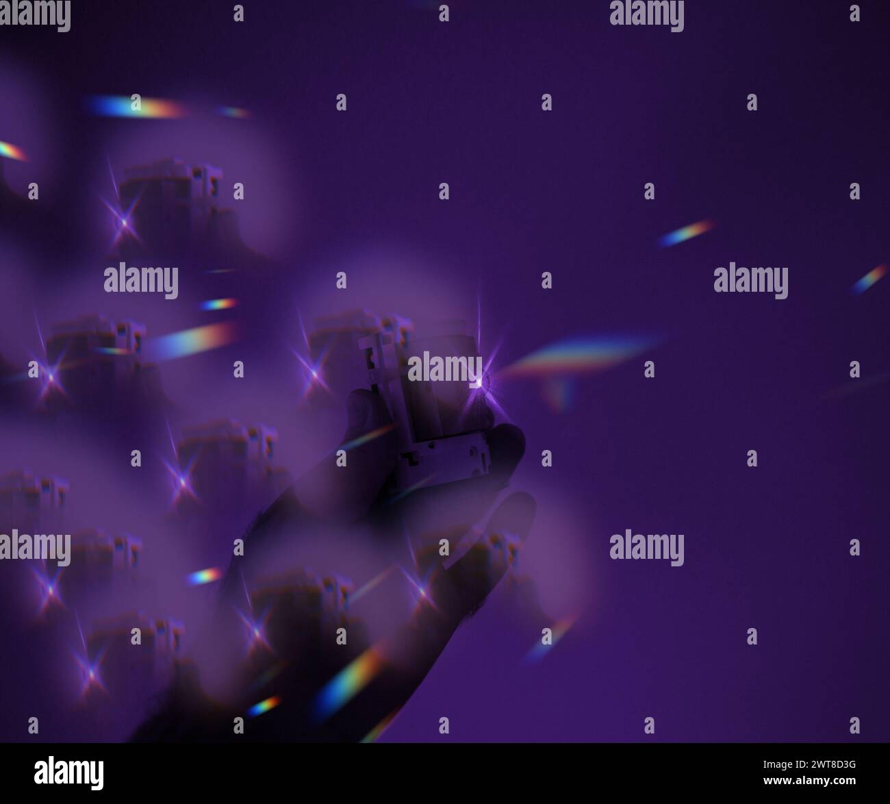 A hand stretches upward against a purple backdrop in a futuristic ...