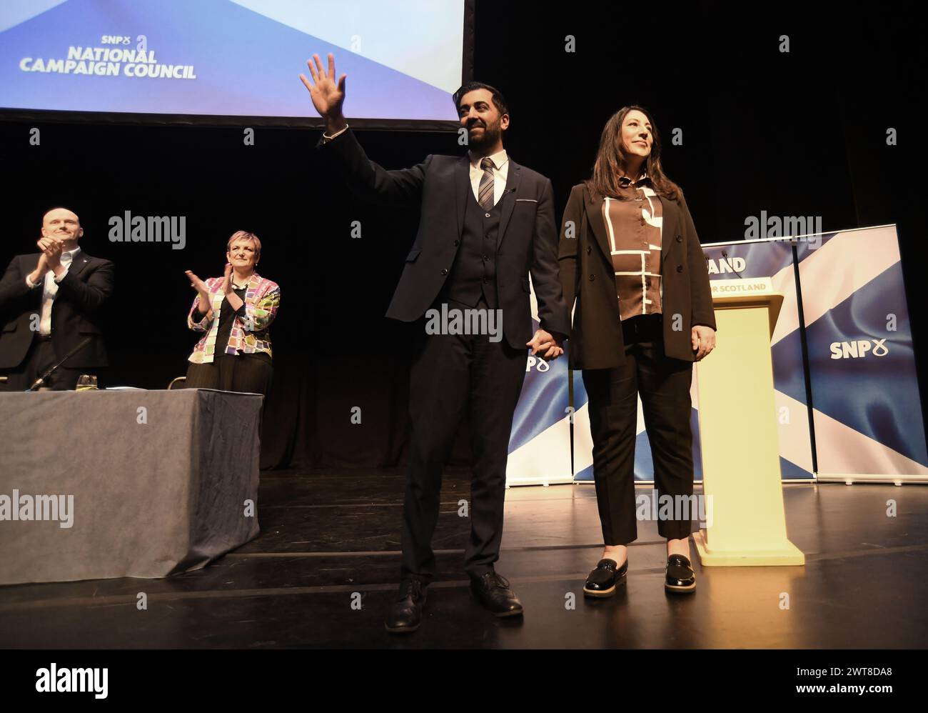 First Minister Humza Yousaf with wife Nadia El-Nakla after speaking at ...