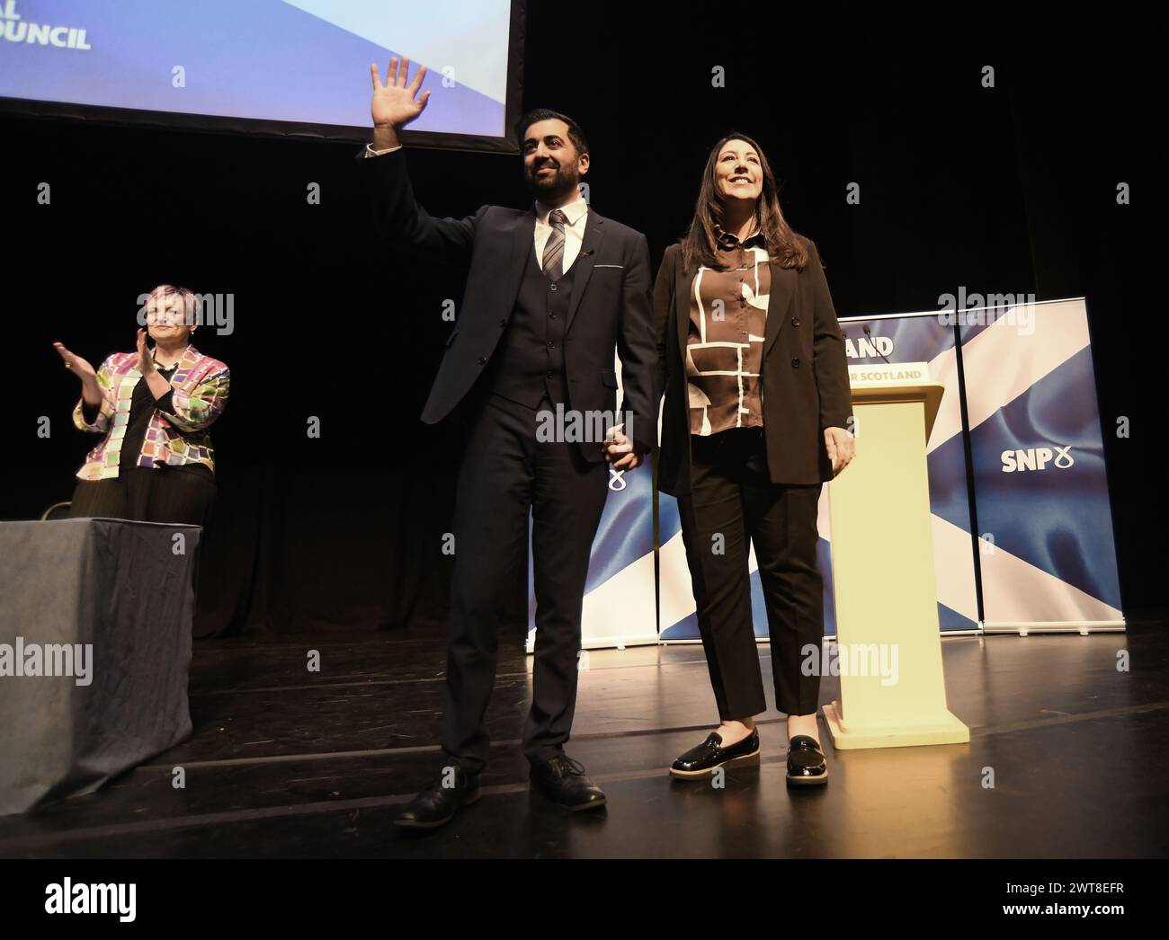 First Minister Humza Yousaf with wife Nadia El-Nakla after speaking at ...