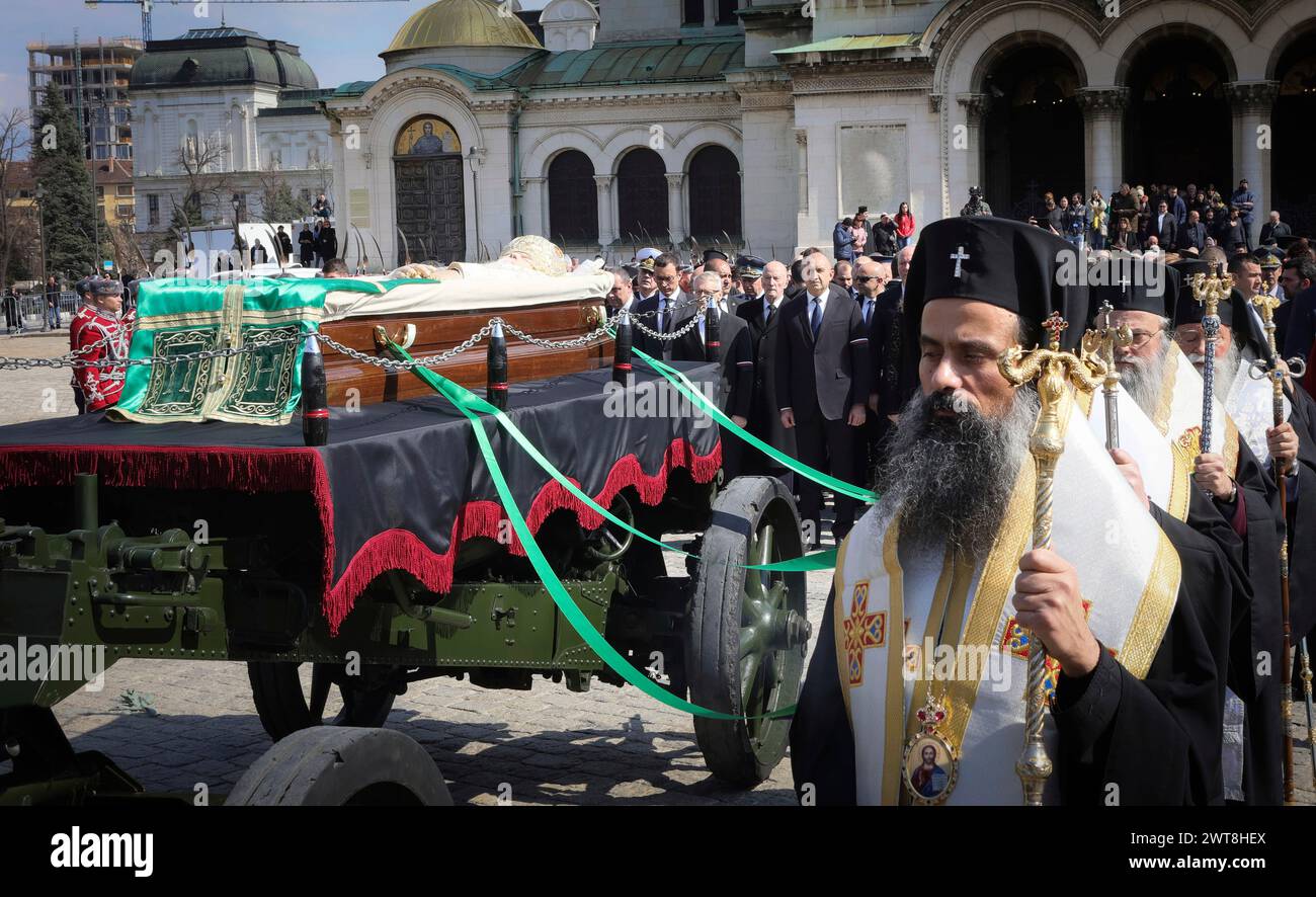 Bulgarian Orthodox clergy walk beside the coffin of Bulgarian Patriarch ...