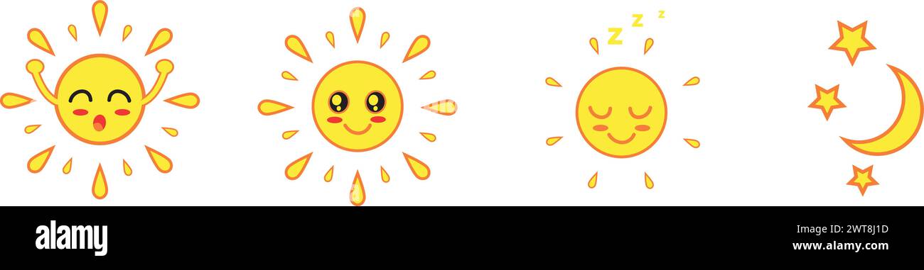 Smiling sun and moon cartoon Vector illustration. Golden crescent ...
