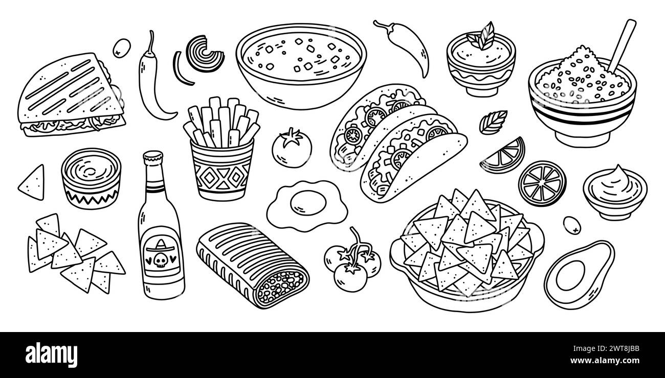 Trendy Mexican food line art black and white. Line art vector hand ...