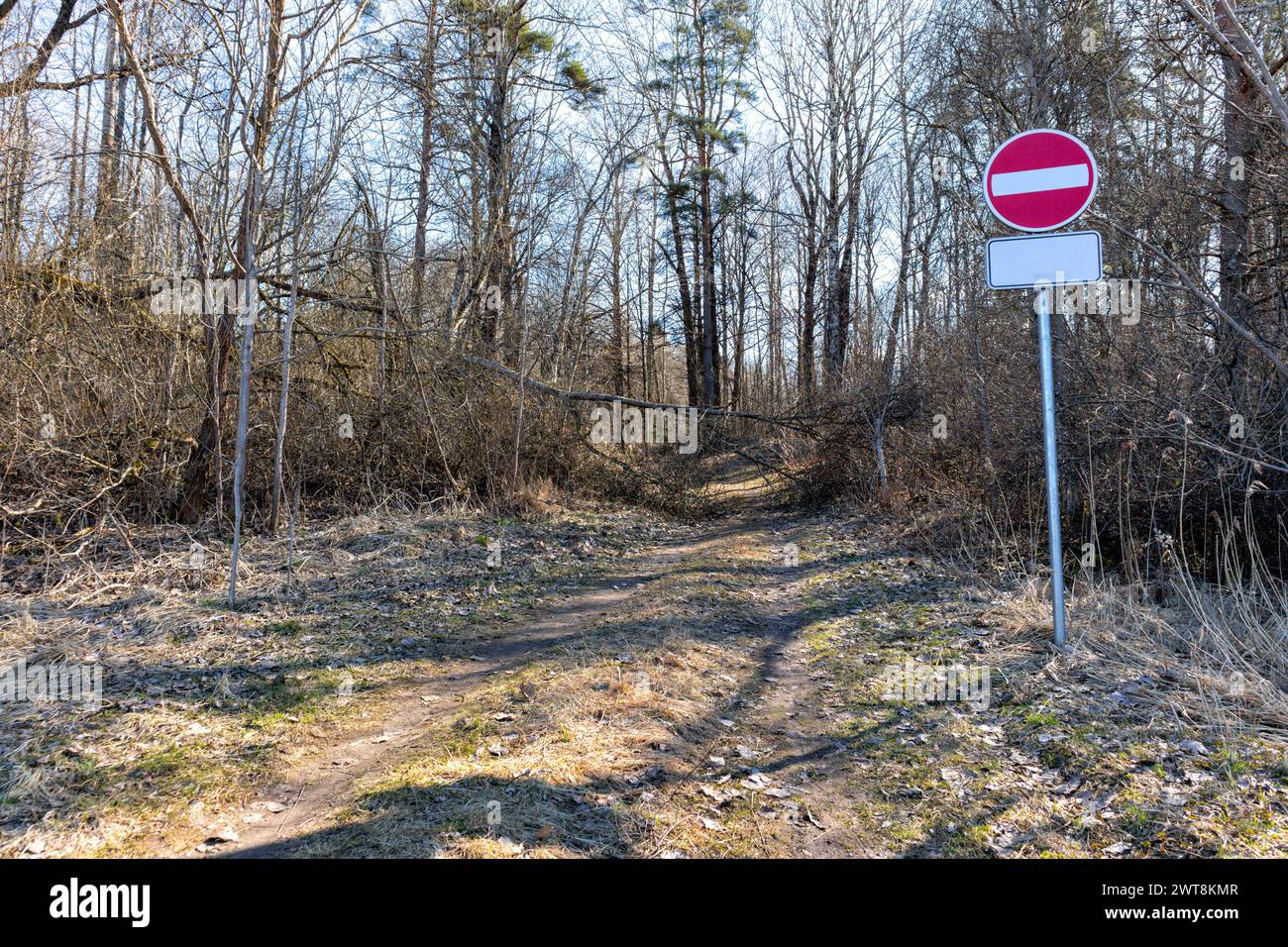 The road sign to enter is blocked on the section of the forest road ...