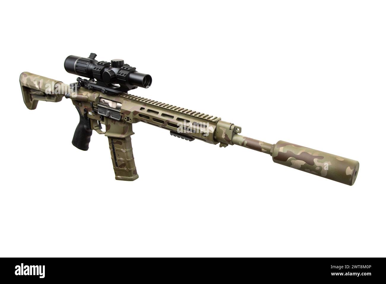 A modern carbine with an optical sight and a silencer. Weapons in ...