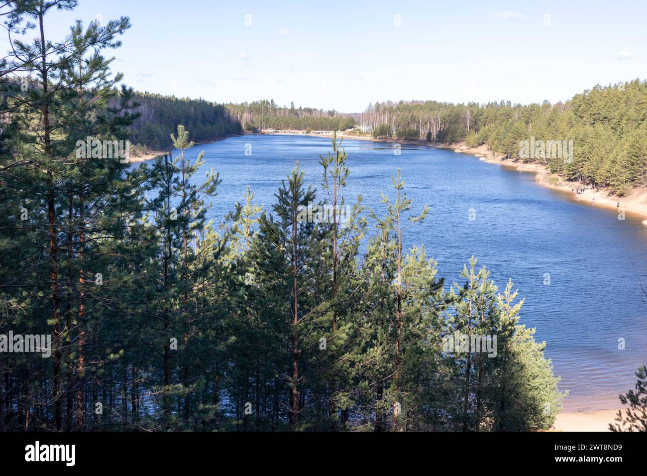Nature photo with a light blue lake, green trees and summer sunshine ...