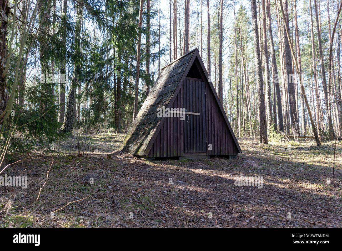 A small triangular wooden house in the middle of the forest Stock Photo ...