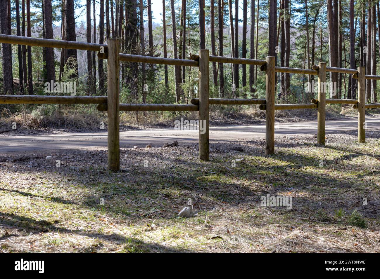 Round wooden post fencing between the gravel road and the grass ...