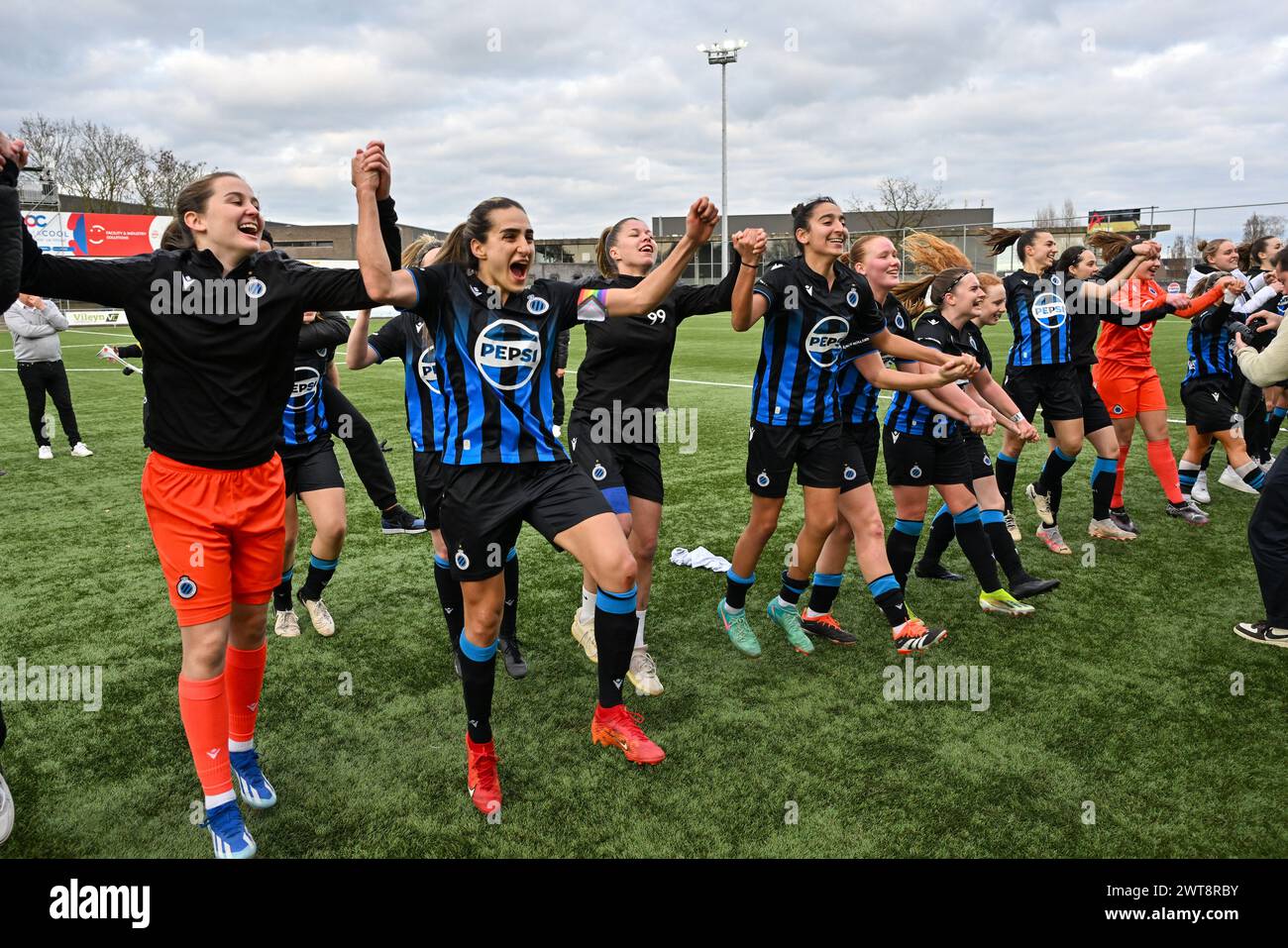 Aalter, Belgium. 16th Mar, 2024. players of Club YLA pictured celebrating after winning a female ...