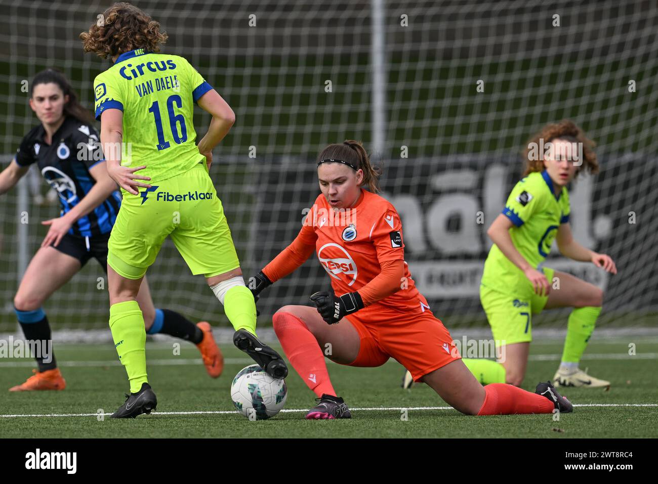 Aalter, Belgium. 16th Mar, 2024. goalkeeper Jorijn Covent (87) of Club YLA pictured fighting for ...