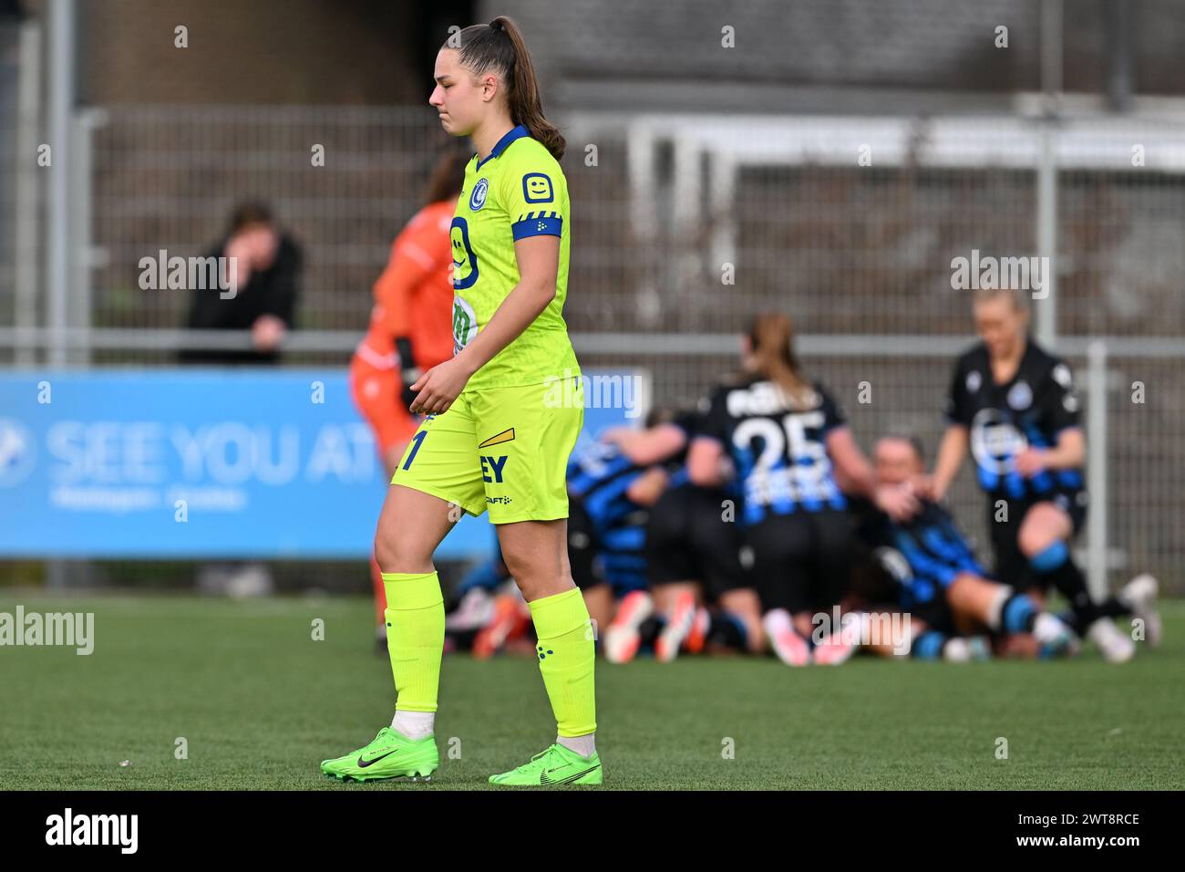 Aalter, Belgium. 16th Mar, 2024. Ines Van Gansbeke (15) of AA Gent looking dejected and ...