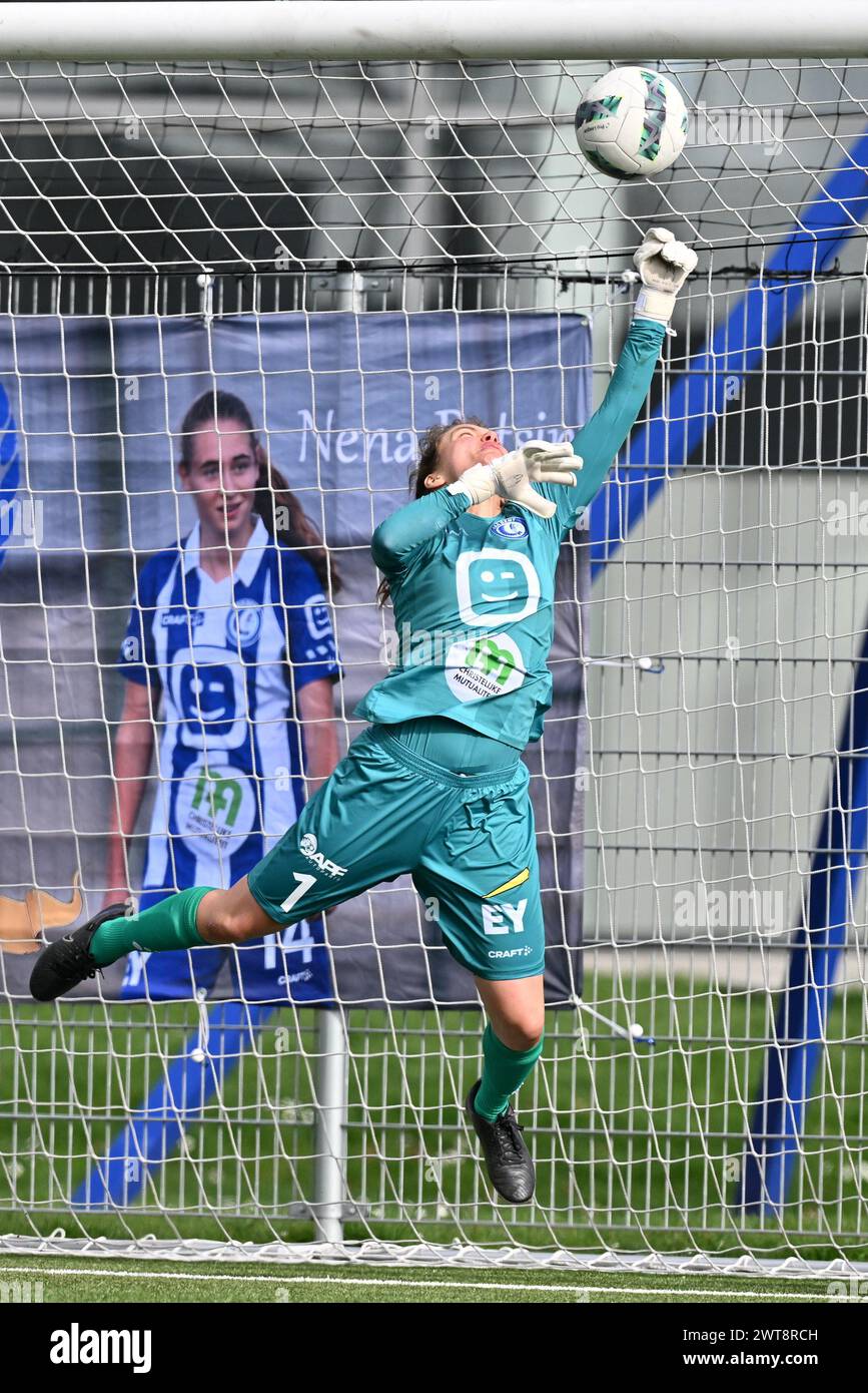 Aalter, Belgium. 16th Mar, 2024. Goalkeeper Riet Maes (1) of AA Gent pictured in action during a ...