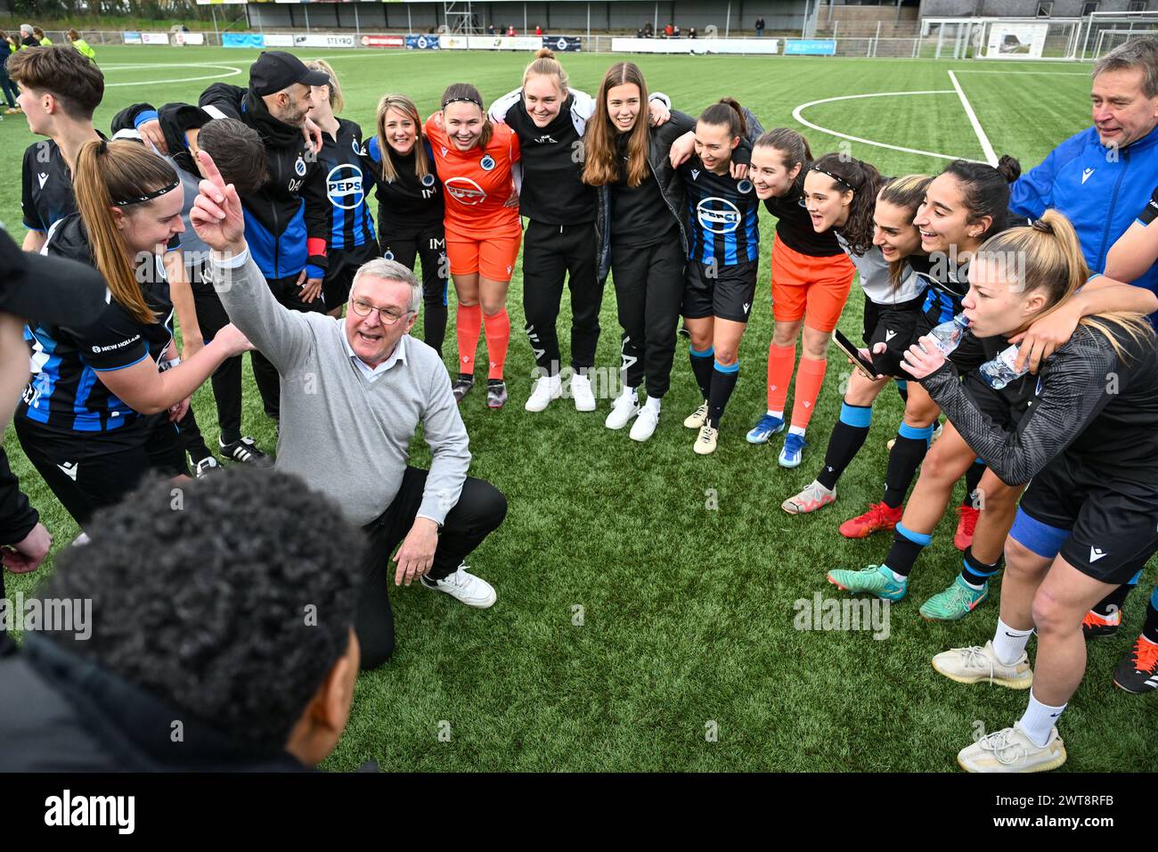 Aalter, Belgium. 16th Mar, 2024. players of Club YLA with Leo Van Der Elst pictured celebrating ...