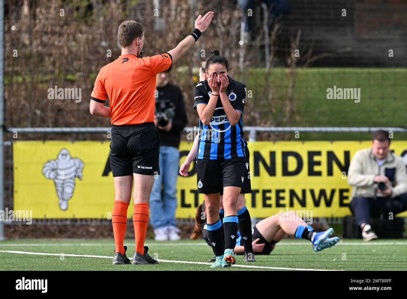Aalter, Belgium. 16th Mar, 2024. Rania Boutiebi (11) of Club YLA reacts during a female soccer ...