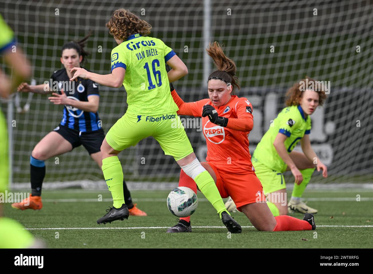 Aalter, Belgium. 16th Mar, 2024. goalkeeper Jorijn Covent (87) of Club YLA pictured fighting for ...