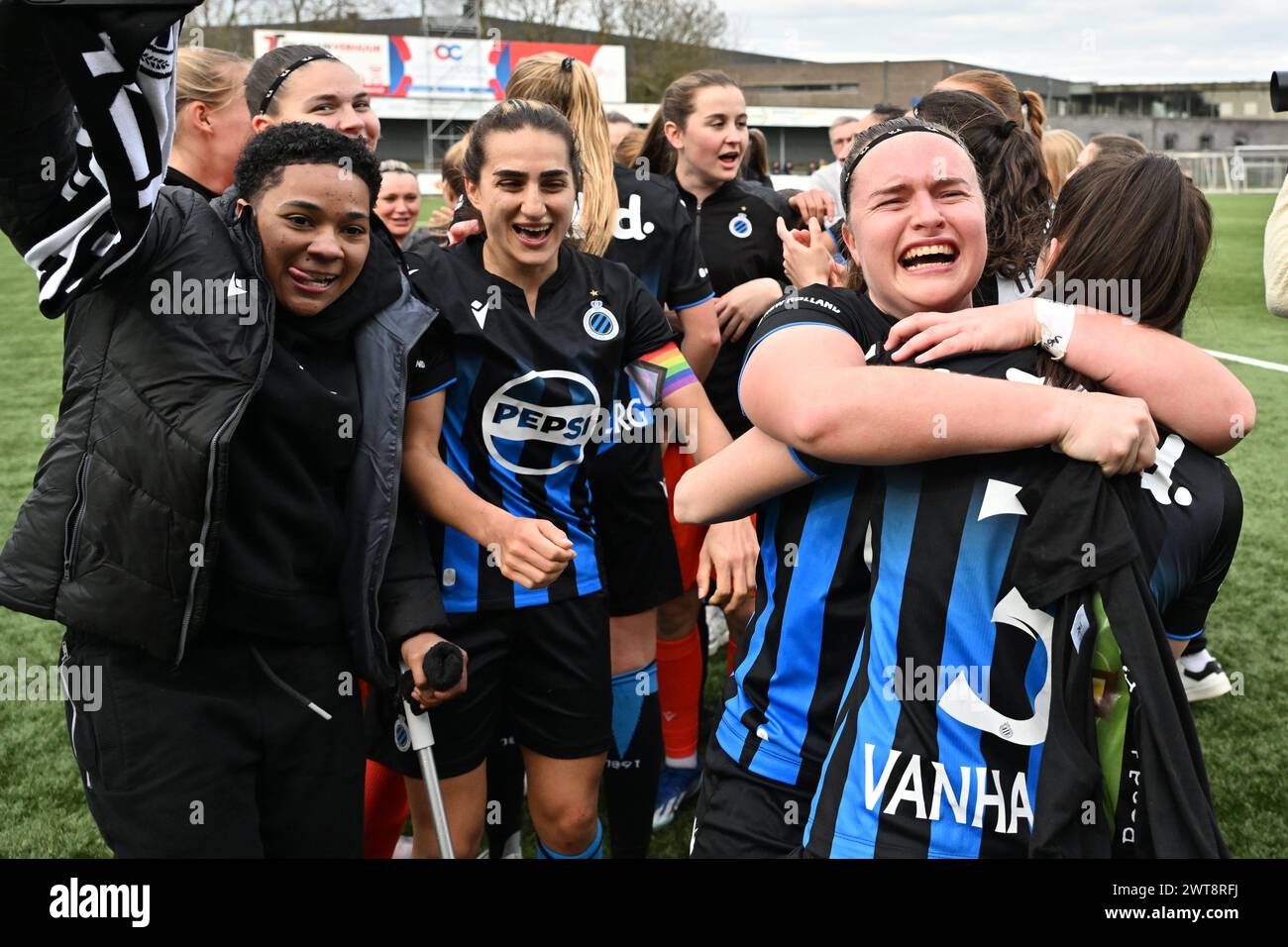Aalter, Belgium. 16th Mar, 2024. players of Club YLA with Davinia Vanmechelen (25) of Club YLA ...