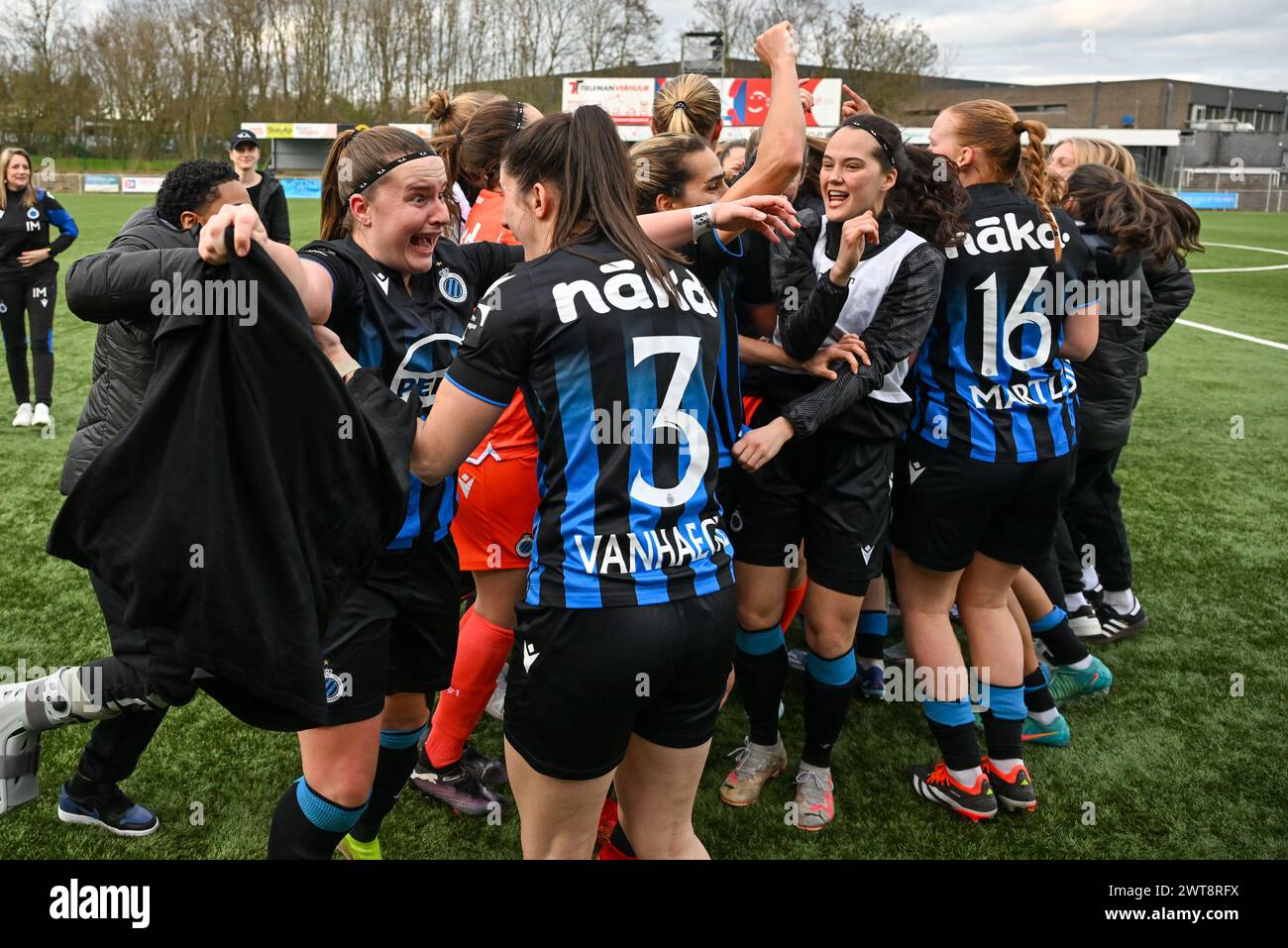 Aalter, Belgium. 16th Mar, 2024. players of Club YLA with Davinia Vanmechelen (25) of Club YLA ...