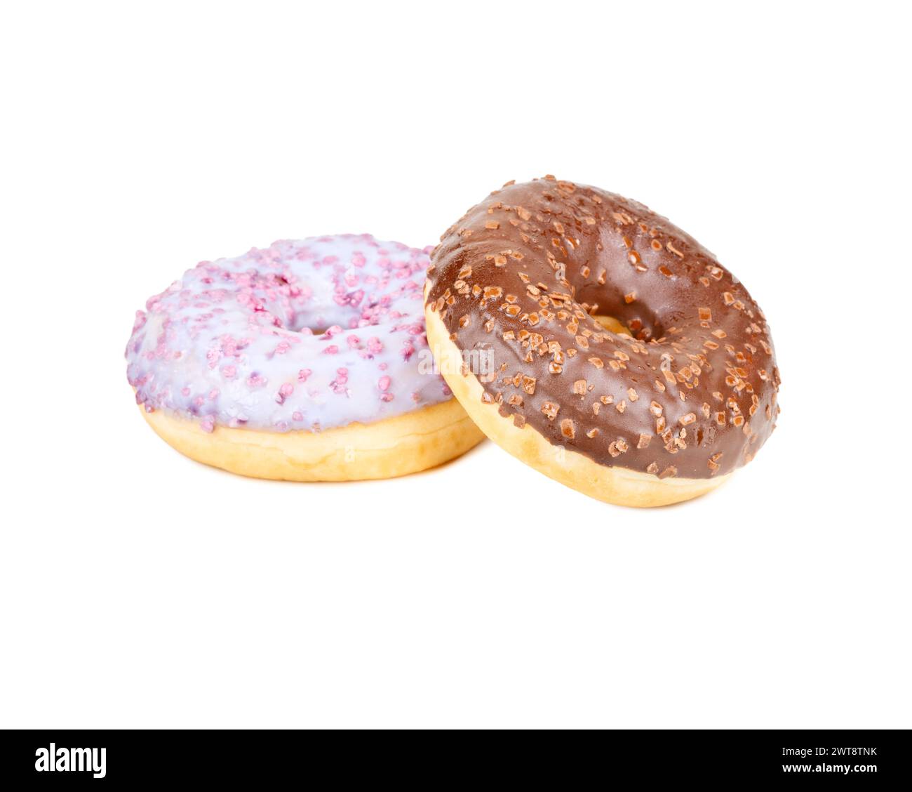 Two donuts with chocolate and fruit icing isolated on white background ...