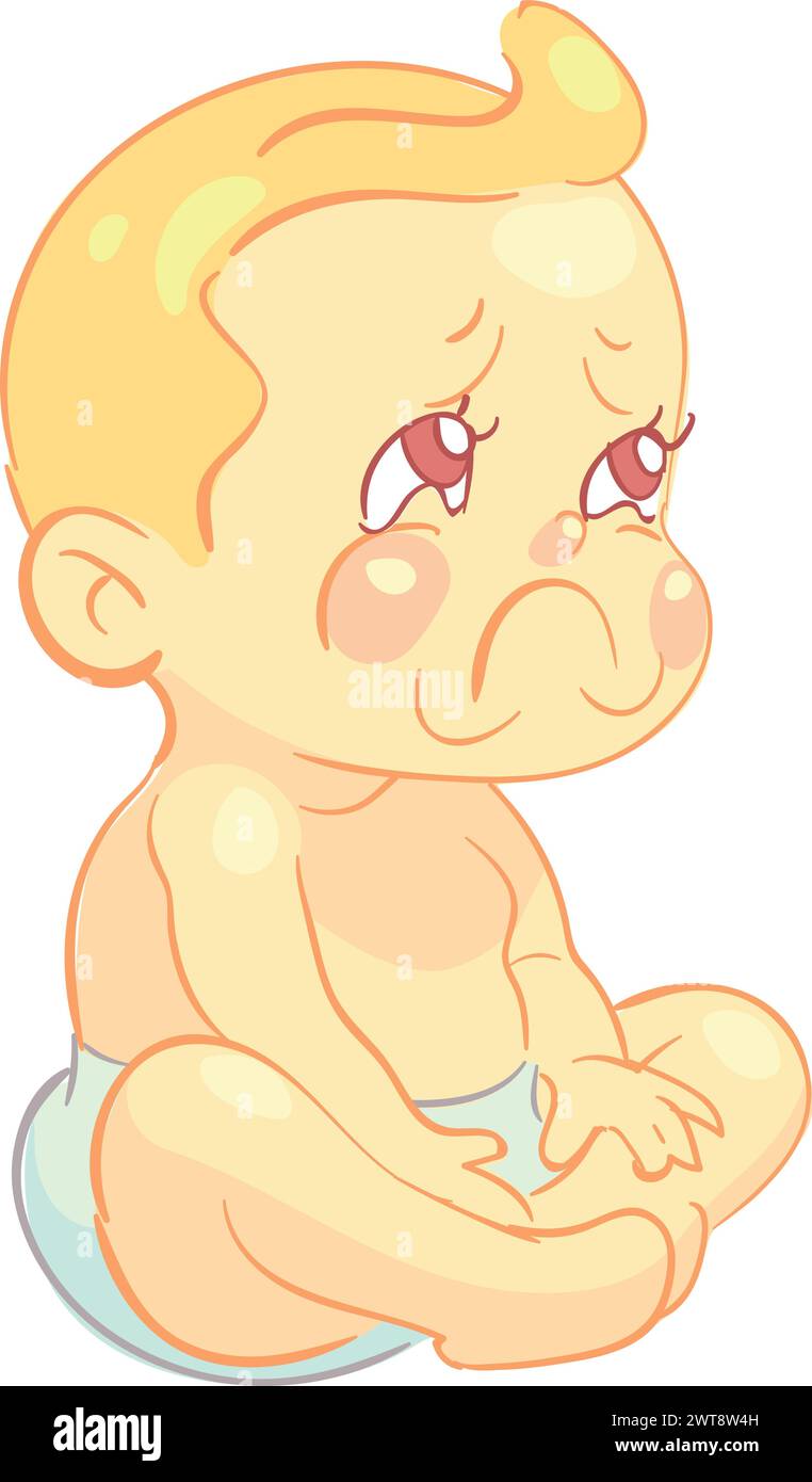 Baby in diaper with sad face expression. Unhappy toddler Stock Vector ...