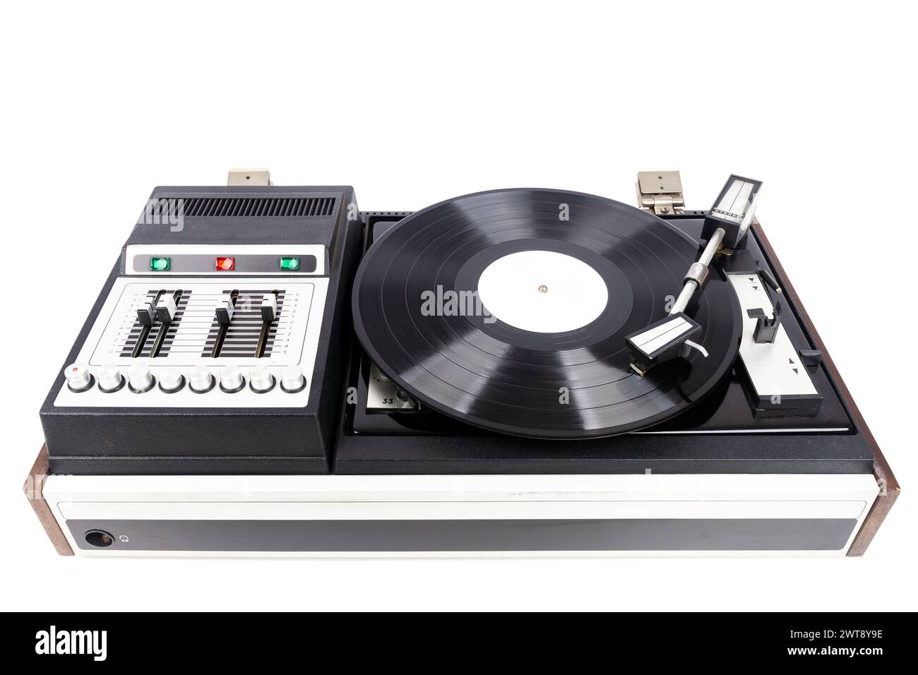 Vintage turntable record player with black vinyl isolated on white ...