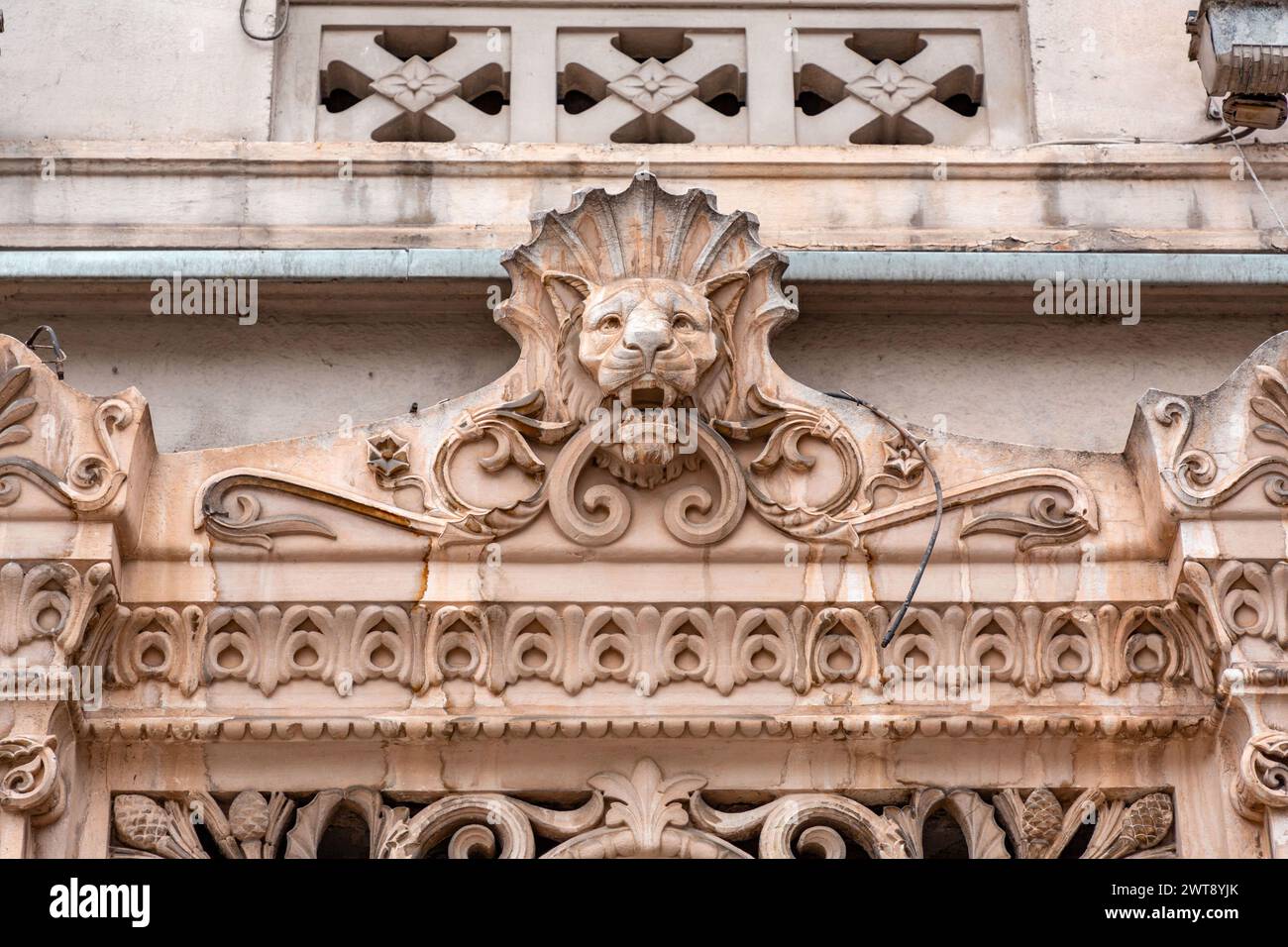 European architectural detail with lion head, decorative gate relief on ...