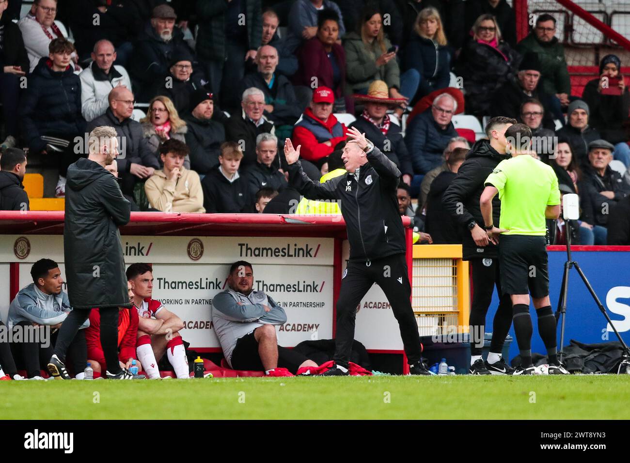 Stevenage Assistant Manager Paul Raynor protests against a decision by ...