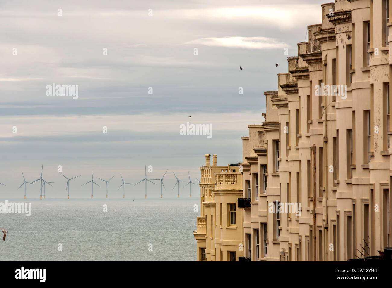 Brighton, March 16th 2024: The Rampion Wind Farm seen from the streets ...