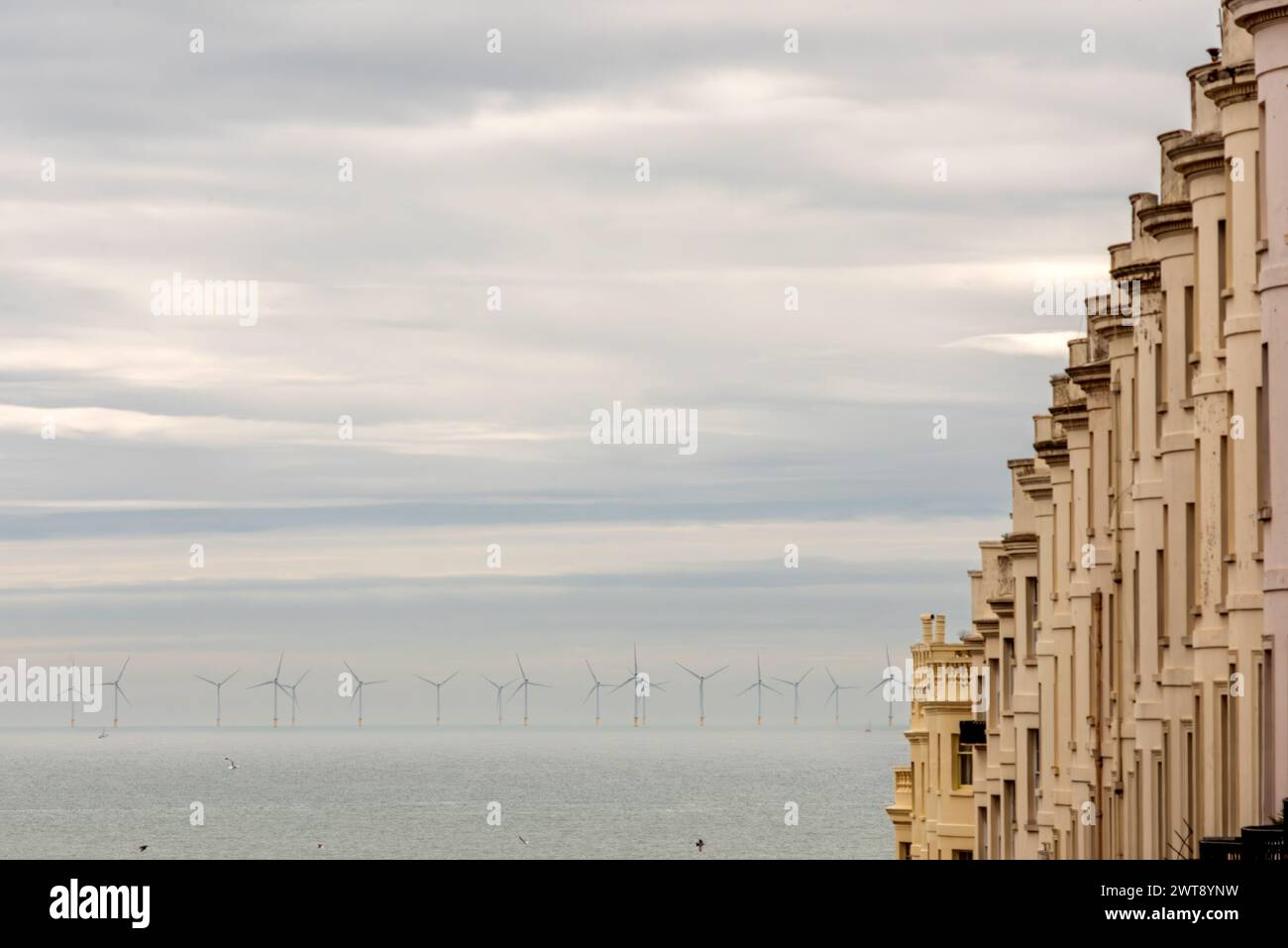 Brighton, March 16th 2024: The Rampion Wind Farm seen from the streets ...