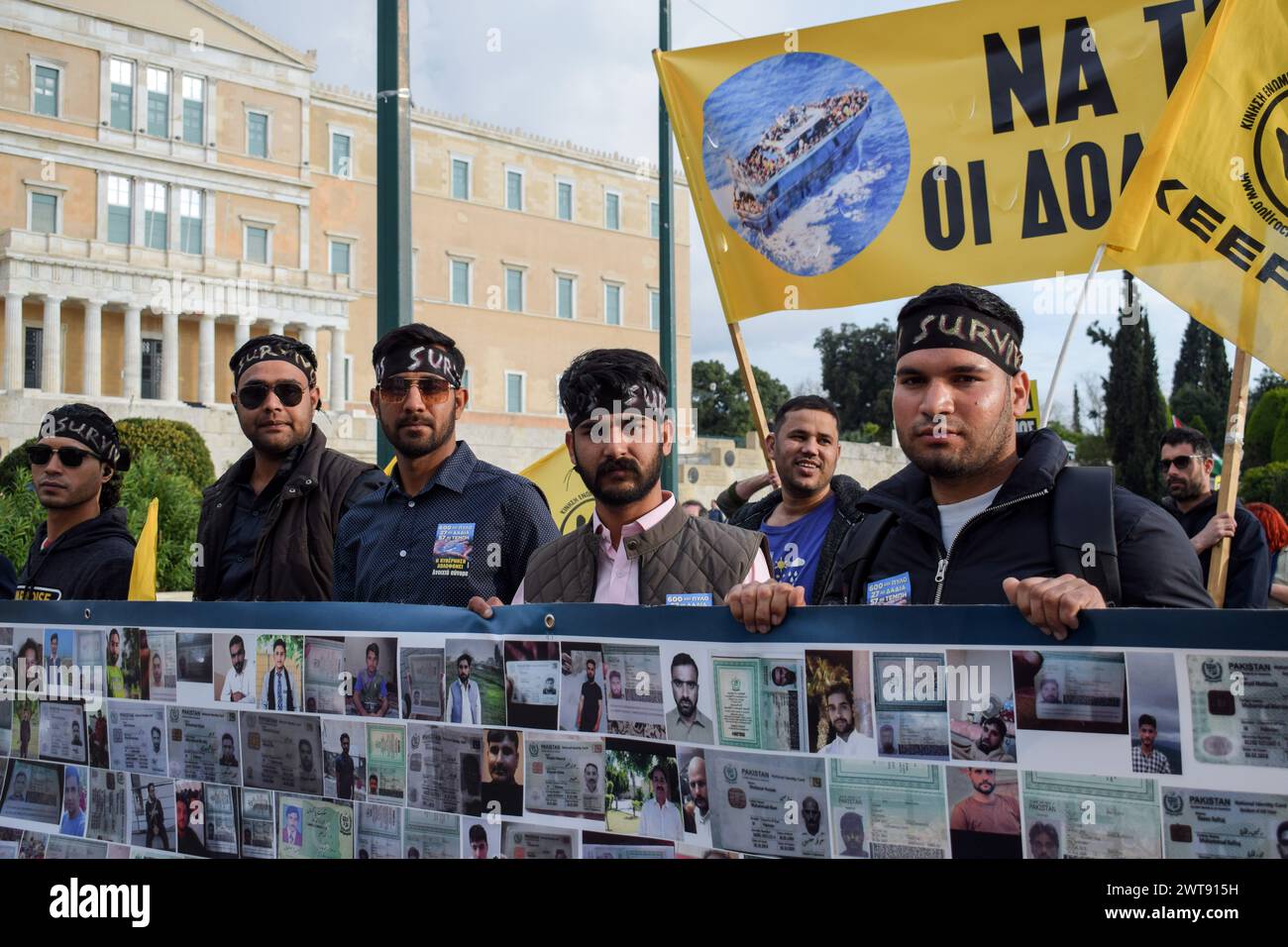 Athens, Greece. 16 March 2024. Survivors of the 2023 Messenia migrant ...
