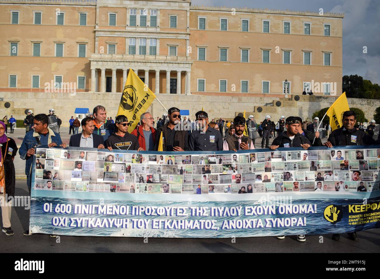 Athens, Greece. 16 March 2024. Survivors of the 2023 Messenia migrant ...