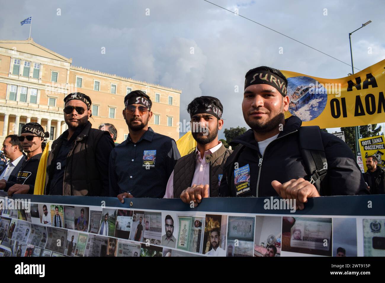 Athens, Greece. 16 March 2024. Survivors of the 2023 Messenia migrant ...