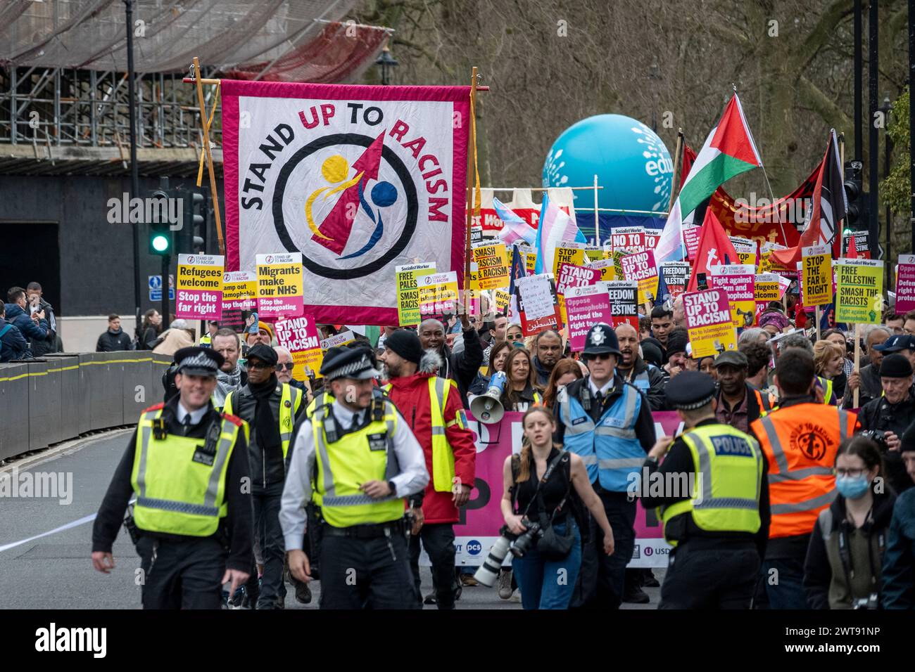 London, UK. 16 March 2024. People at a March Against Racism and House ...
