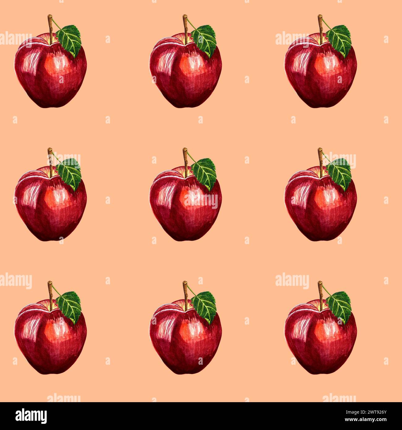 Apples and leaves hand drawn seamless pattern watercolor illustration ...
