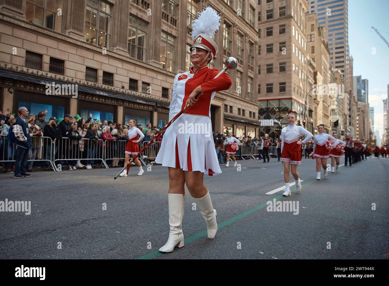 Cheerleaders march along Fifth Avenue during the St. Patrick's Day ...