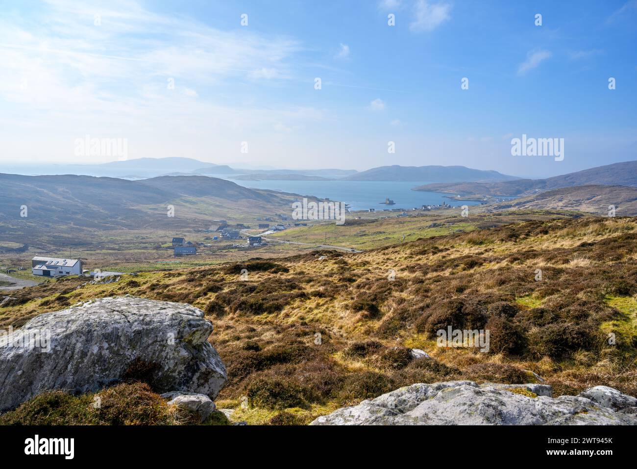 View over the village of Castlebay and Kisimul Castle from Heaval hill ...