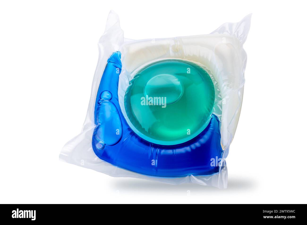Washing gel capsule pod with laundry detergent isolated on white ...
