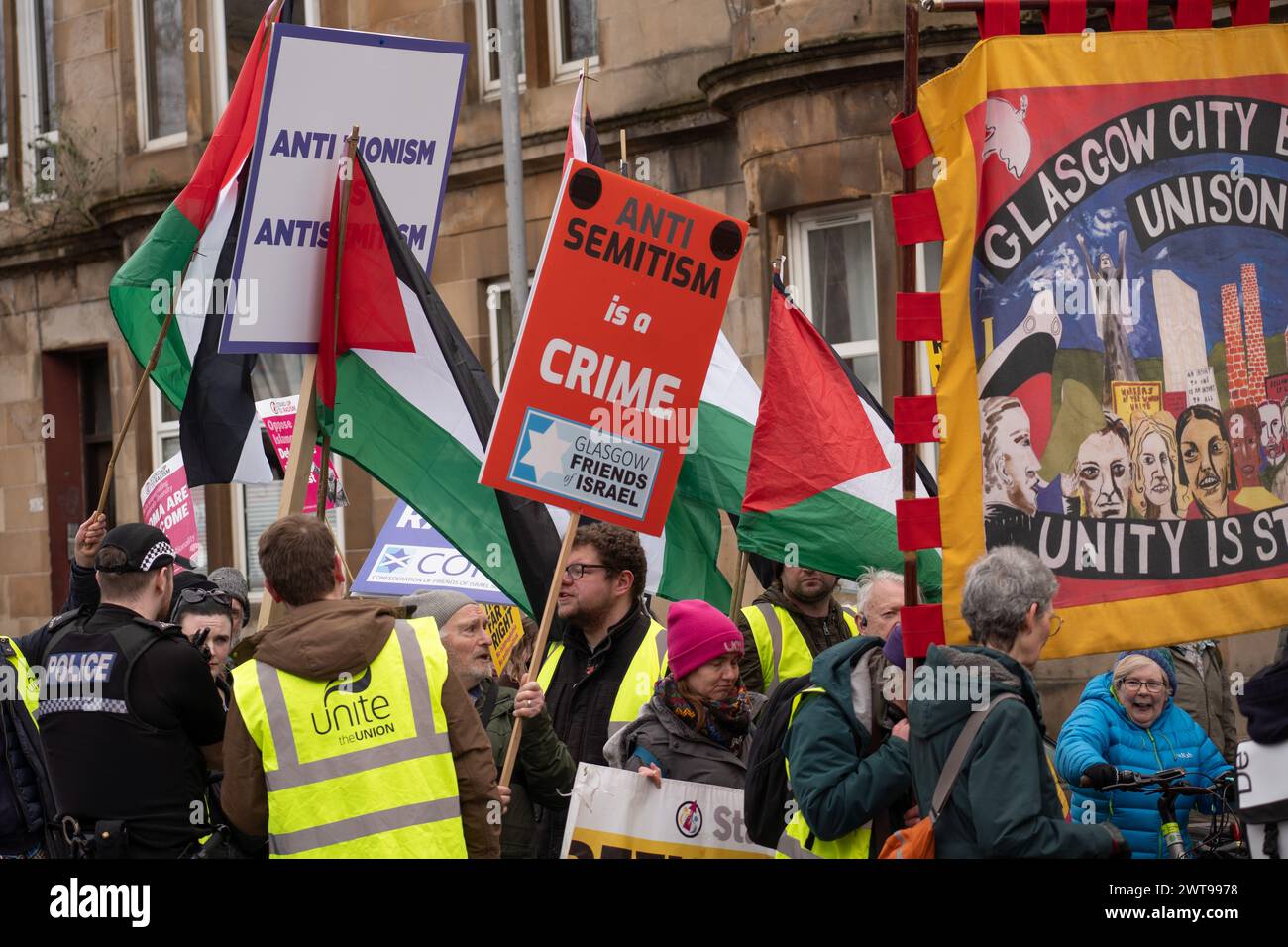 Glasgow, Scotland, UK. 16th Mar, 2024. Stand Up to Racism march and rally from the BBC Scotland ...