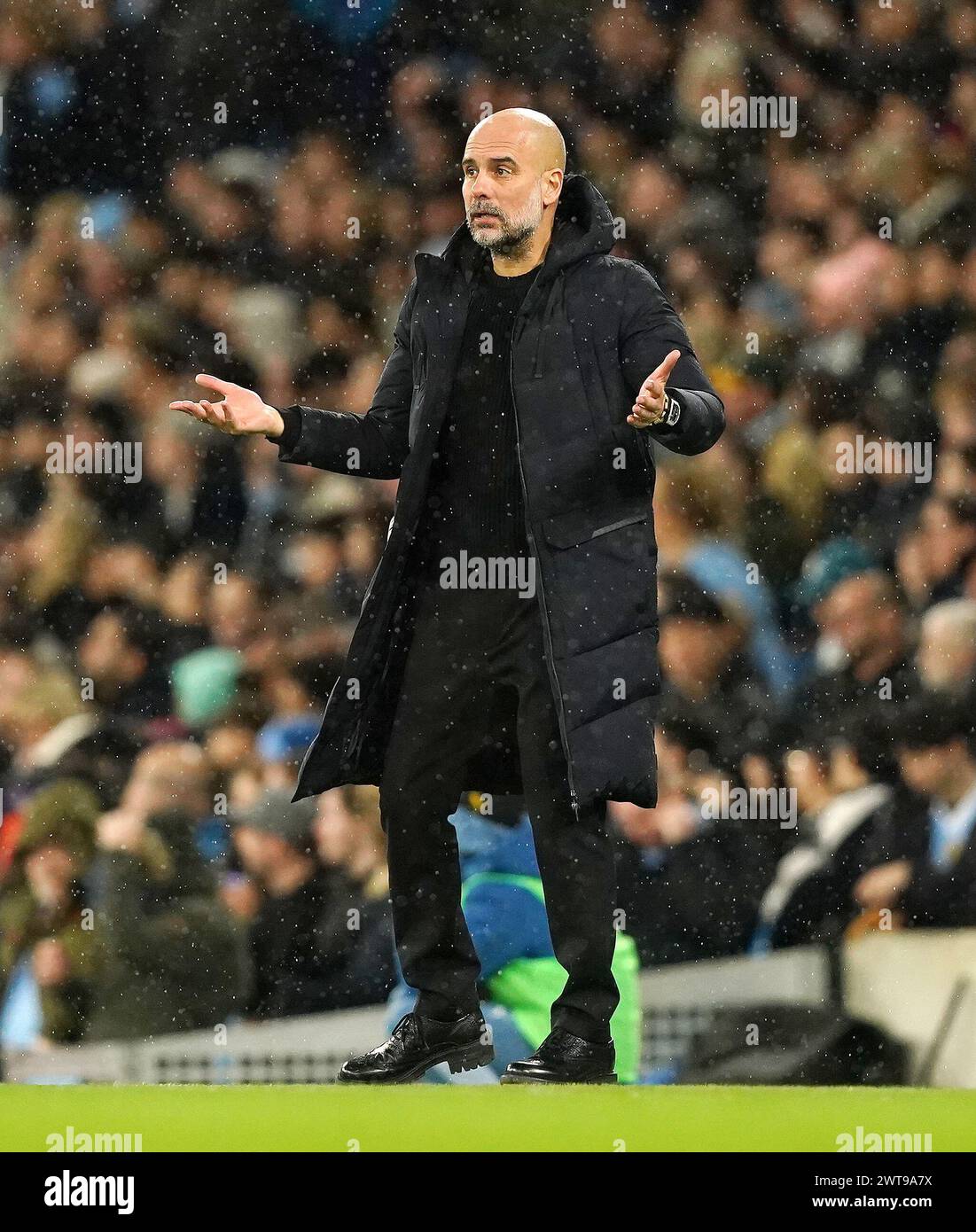 Manchester City manager Pep Guardiola gestures on the touchline during ...