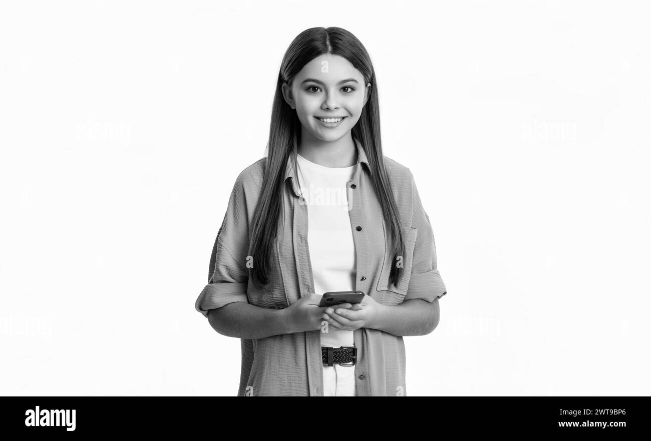 photo of cheerful teen girl type message in chat on phone. teen girl ...