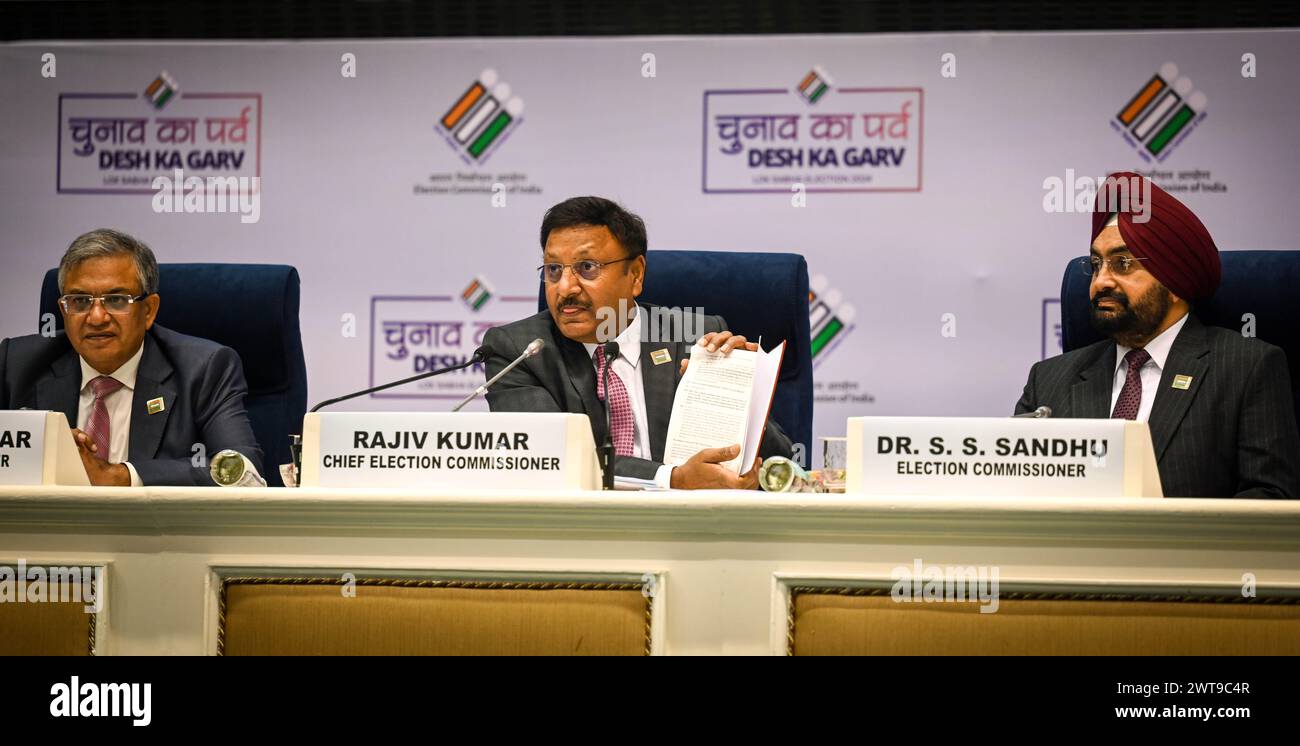 NEW DELHI, INDIA - MARCH 16: Rajiv Kumar, Chief Election Commissioner of India (C) with Gyanesh ...