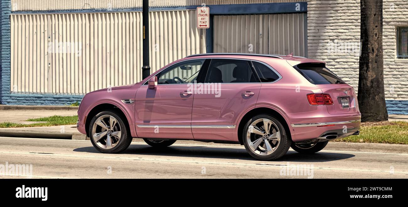 Miami Beach, Florida USA - April 15, 2021: pink metallic Bentley ...