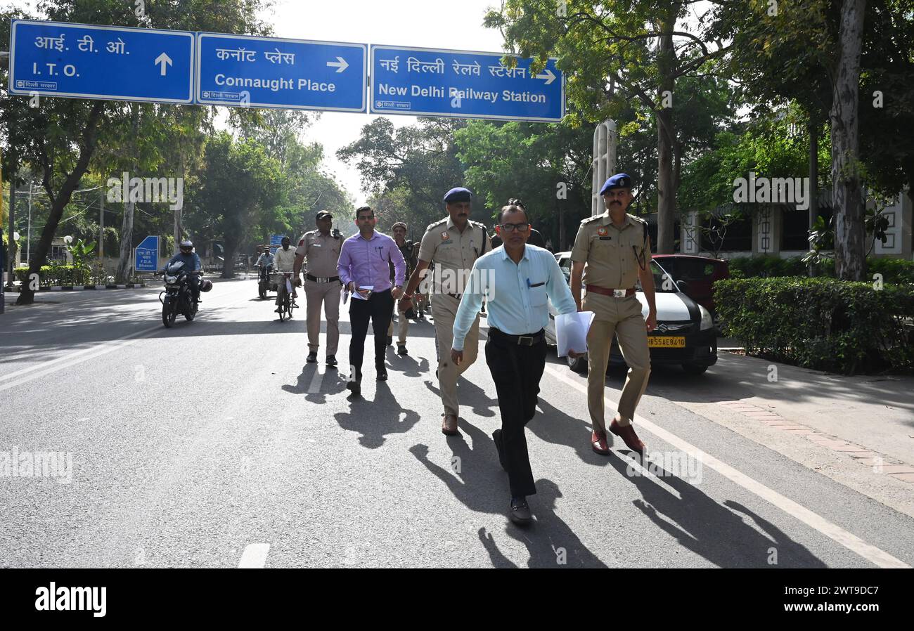 NEW DELHI, INDIA - MARCH 16: Police personnel deployed outside the Rouse Avenue Court before the ...