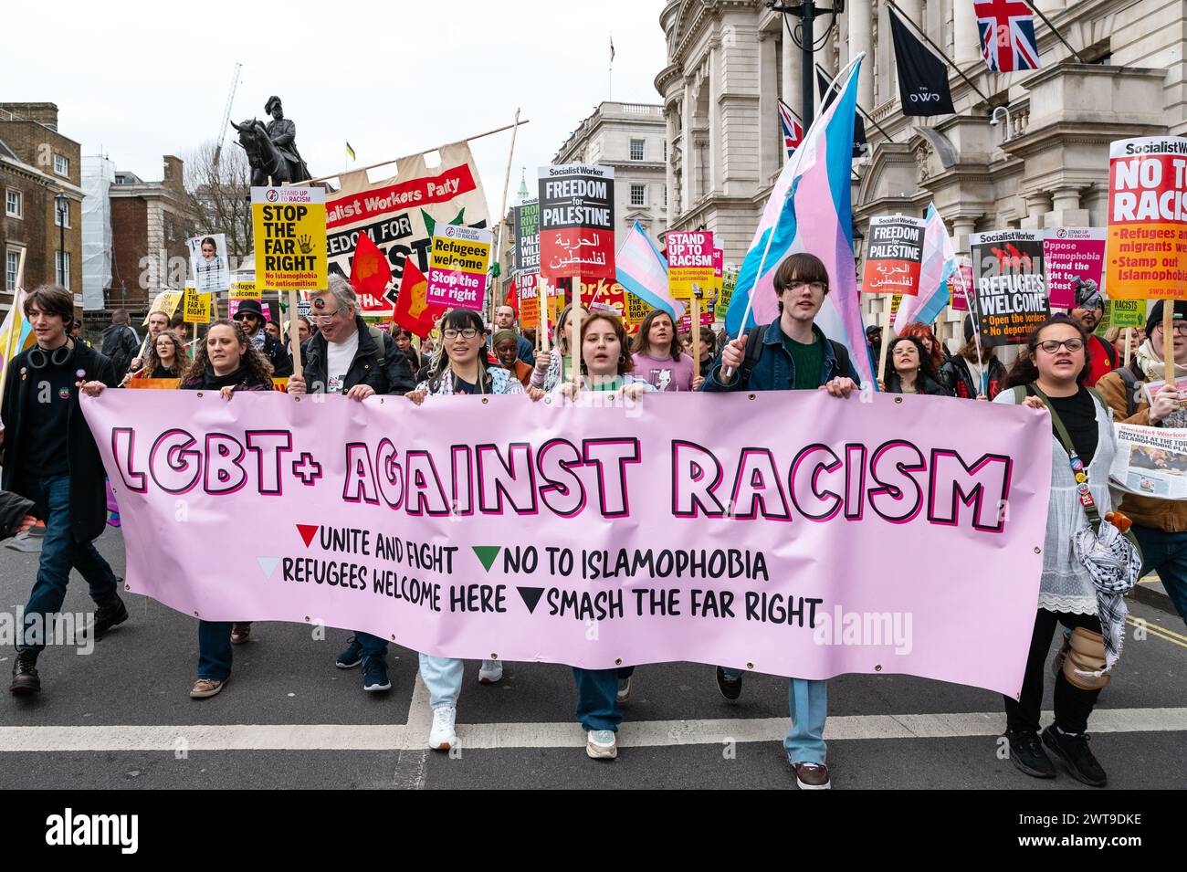 London, UK. 16 March 2024. Stand Up To Racism march from the Home ...