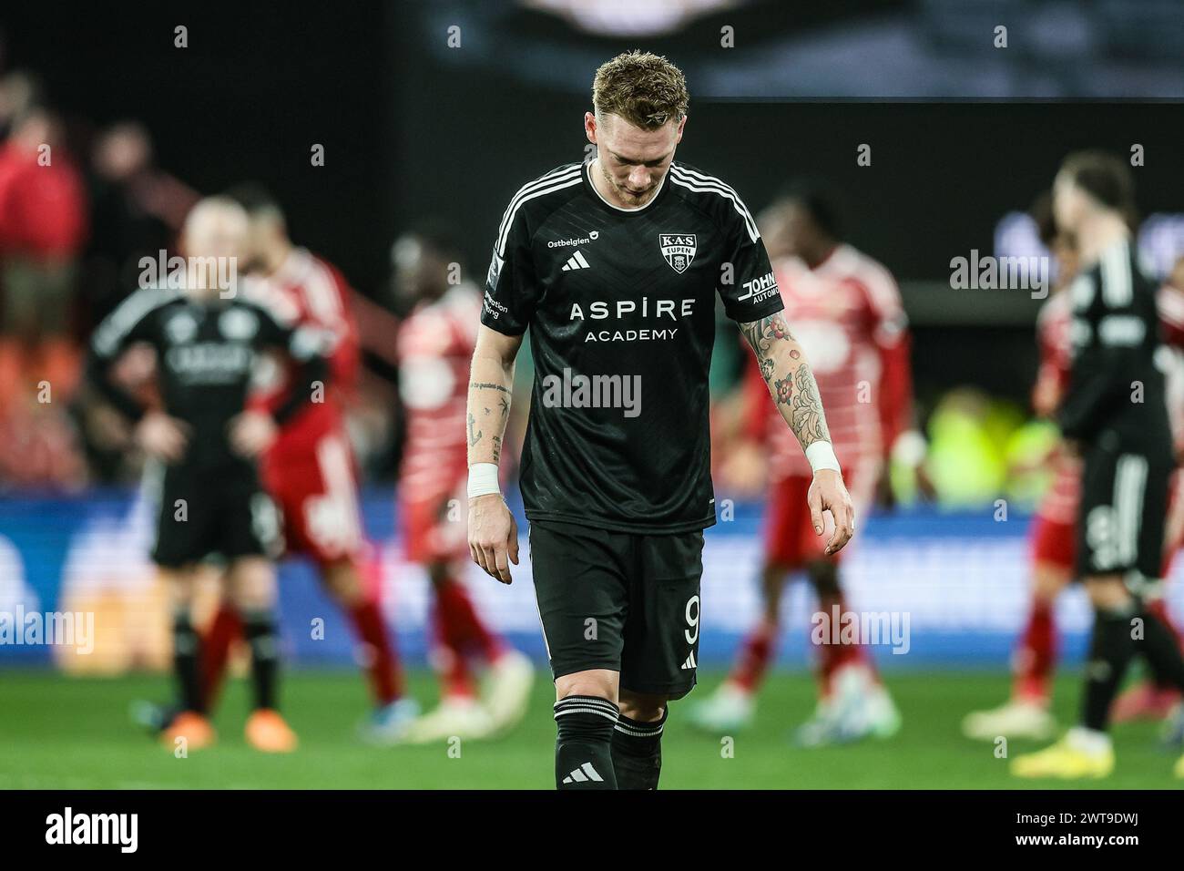 Liege, Belgium. 16th Mar, 2024. Eupen's Renaud Emond looks dejected ...