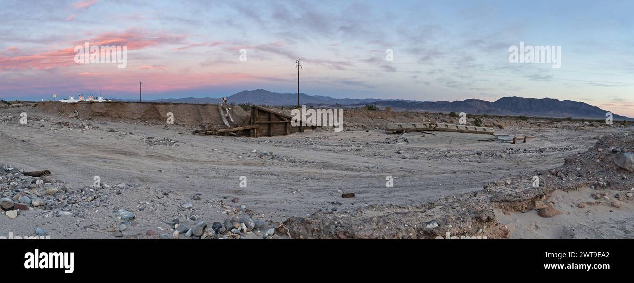 panoramic image of washed out Route 66 bridge in the Mojave Desert of ...